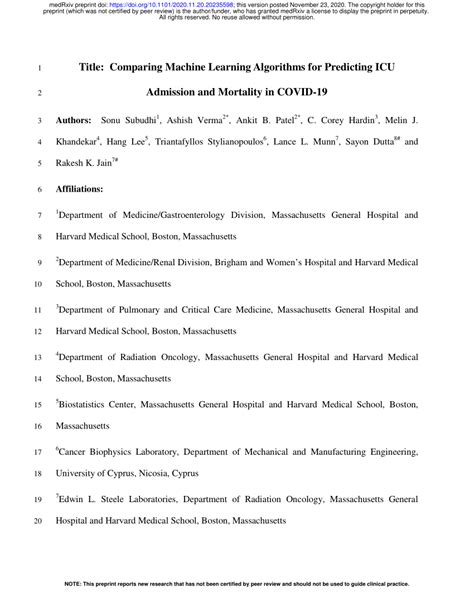 Pdf Comparing Machine Learning Algorithms For Predicting Icu