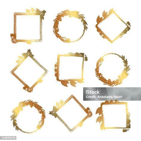 꽃과 나뭇 가지가있는 골드 프레임 실루엣 세트 만화 스타일의 손으로 그린 요소 꽃 골든 그라디언트 인사말 카드의 템플릿입니다 흰색 배경에 식물의 벡터 이미지 0명에 대한