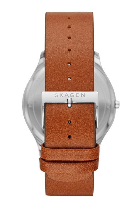Skagen Часовник с кожена каишка Кафяв Emag Bg