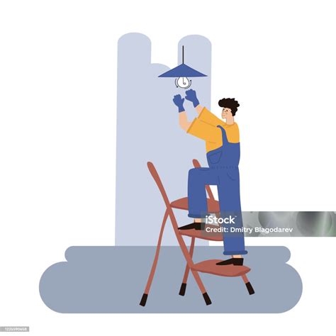 흰색 배경에 격리 된 전구 벡터 평면 디자인 일러스트레이션을 비틀어 웃는 작업자 사다리에 전기 손으로 그린 스타일의 벡터 일러스트레이션 가공의 인물에 대한 스톡 벡터 아트