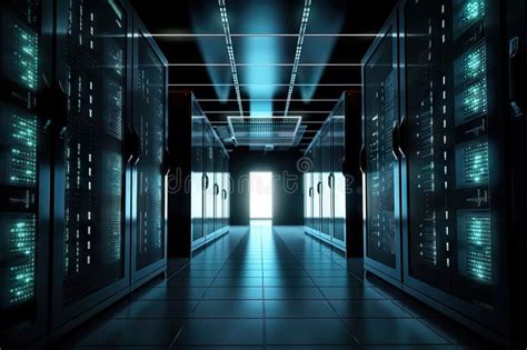 Data Center With Rows Of Server Racks Blinking Lights And Humming Fans Stock Illustration