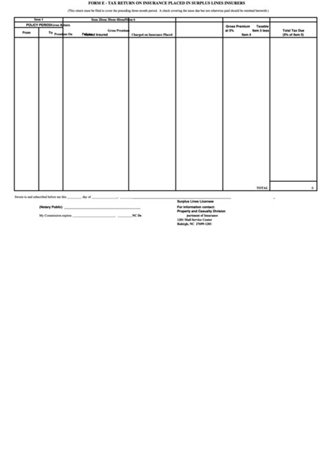 Form E Tax Return On Insurance Placed In Surplus Lines Insurers Printable Pdf Download