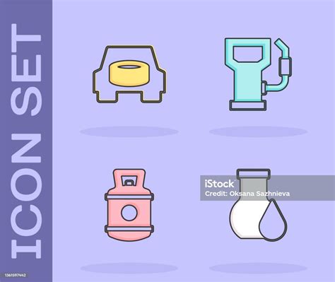 오일 가솔린 테스트 튜브 자동차의 예비 휠 프로판 가스 탱크 및 가솔린 또는 역 아이콘을 설정합니다 벡터 가솔린에 대한 스톡 벡터 아트 및 기타 이미지 Istock
