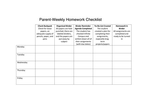 Weekly Homework Checklist Template