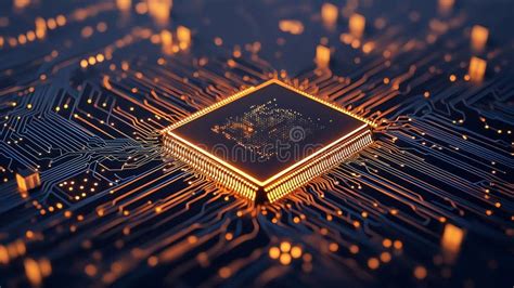 Close Up View Of Glowing Microchip Surrounded By Intricate Circuit Patterns Showcasing Advanced