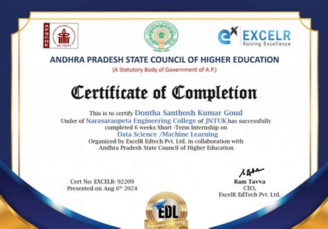 Completed A 6 Week Data Science Internship With Excelr Santhosh Kumar