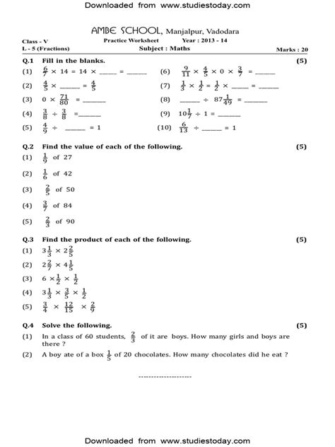 Cbse Class 5 Maths Revision Worksheets 25 Fractions Pdf Mathematics