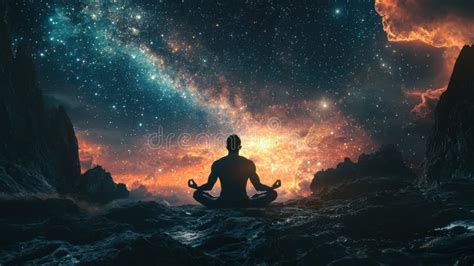 Cosmic Serenity A Man Meditates Under A Starry Sky Stock Illustration