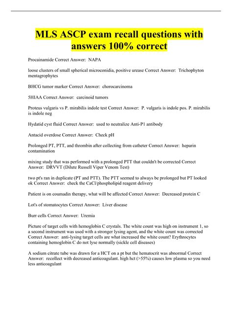 Mls Ascp Exam Recall Questions With Answers 100 Correct Ascp Mls Stuvia Us