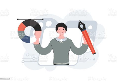 한 남자가 컬러 휠과 펜 도구로 허리 깊숙이 서 있습니다 창작 프리젠 테이션 사이트를위한 요소 공예에 대한 스톡 벡터 아트 및