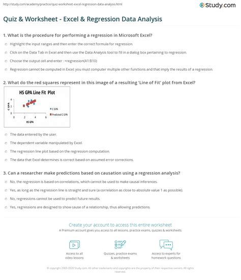 Quiz Worksheet Excel Regression Data Analysis Study