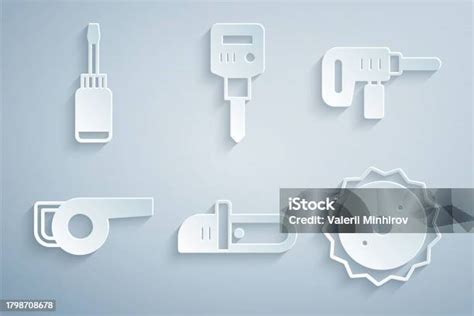 전기 톱 전기 드릴 기계 잎 정원 송풍기 원형 블레이드 건설 착암기 및 드라이버 아이콘을 설정합니다 벡터 3차원 형태에 대한