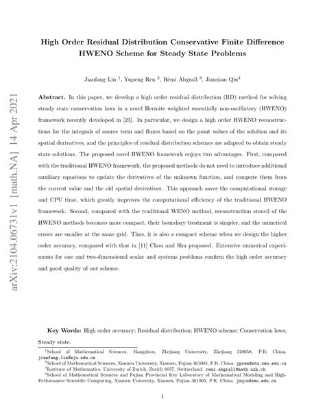 Pdf High Order Residual Distribution Conservative Finite Difference Hweno Scheme For Steady