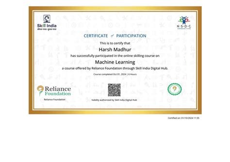 Harsh Madhur On Linkedin Certificate Of Machine Learning By Skill India Digital Hub Nsdc