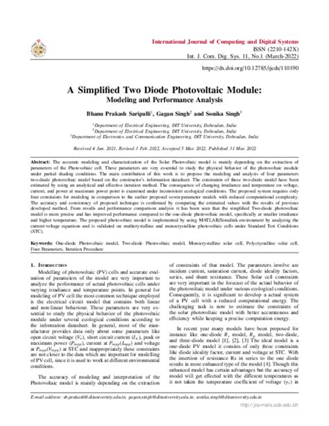 Pdf A Simplified Two Diode Photovoltaic Module Modeling And Performance Analysis Sonika