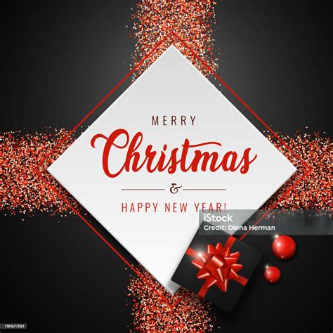 메리 크리스마스와 새해 복 설 날 배너 흰색 사각형 빨간 공 현실적인 선물과 어두운 배경에 반짝반짝 벡터 일러스트레이션 검은색에