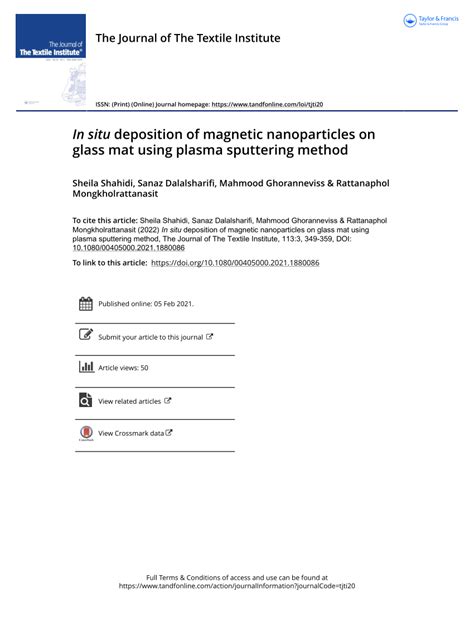 Pdf In Situ Deposition Of Magnetic Nanoparticles On Glass Mat Using Plasma Sputtering Method
