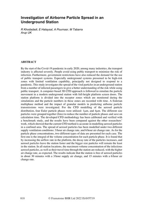 Pdf Investigation Of Airborne Particle Spread In An Underground Station