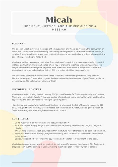 Micah Bible Summary Sheet Printable Gods Justice And The Promise Of The Messiah Free Bible