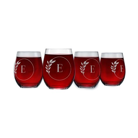 Letter E Monogram Art Deco Etched Wine Glasses Set Of 4