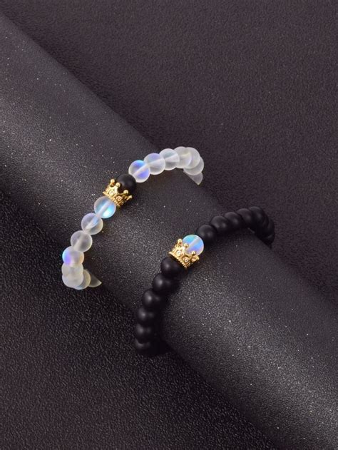 2pcs Men Crown Decor Beaded Bracelet Beaded Bracelets Pretty Jewelry