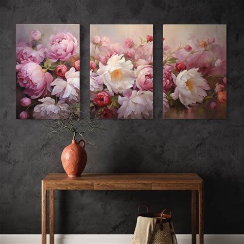 3 Piece Floral Canvas Wall Art Of Peonies And Roses Etsy
