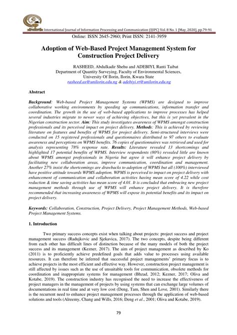 Pdf Adoption Of Web Based Project Management System For Construction Project Delivery