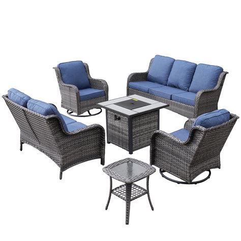 Ovios 6 Piece Wicker Patio Conversation Set With Fire Pit Table And Swivel Chairs