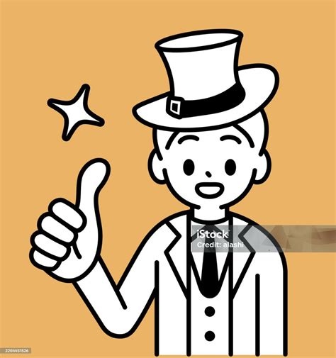 모자 양복 넥타이를 착용하고 미소 짓고 엄지 손가락을 치켜 세우고 시청자를 바라보고 평면 색상의 검은 색 윤곽선 미니멀리스트