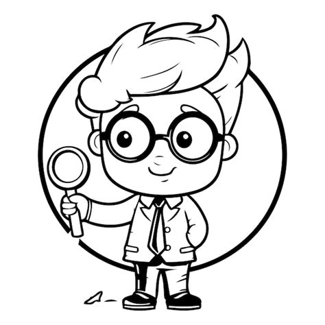 과학자 소년 은 확대 유리 를 들고 있다 만화 캐릭터 터 일러스트레이션 프리미엄 벡터