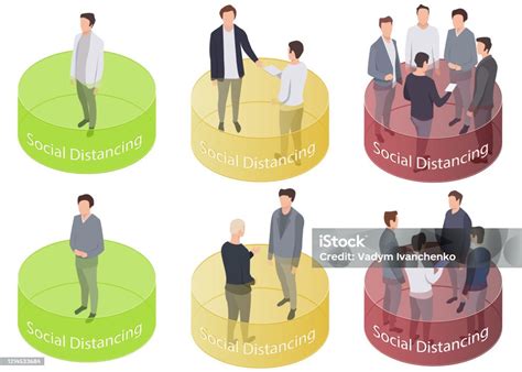 벡터 등각투영 사회적 거리 감염 위험 및 질병에 대 한 거리를 유지 하는 사람들 바이러스 코비드19로부터 보호 안전하지 않은 영역의 유형입니다 공공 장소에서 사람들로부터