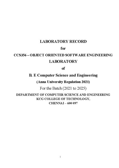 Ccs356 Oose Lab Cse 6th Sem I Laboratory Record For Ccs356