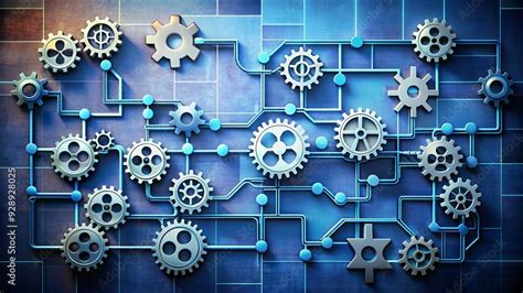 Flowchart With Gears Cogs And Puzzle Pieces Intertwined Representing Efficient Systems