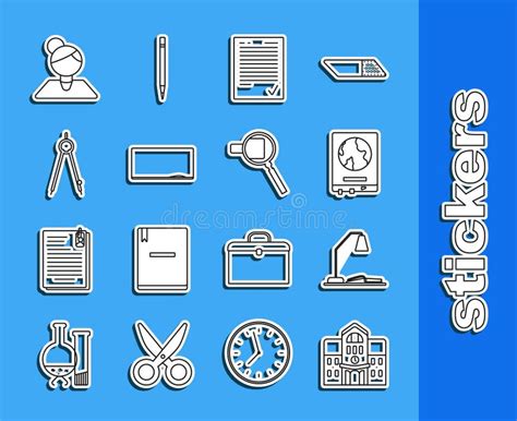 Set Line School Building Workplace With Table Lamp And Open Book World Map On School