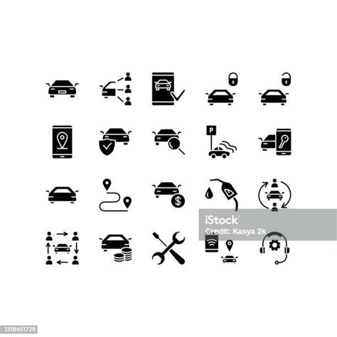 카 셰어링 플랫 라인 아이콘 세트입니다 공동 소비 렌터카 서비스 키 차단 된 자동차 포인터 자동차 검색 상점 웹 사이트 또는