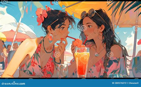 Lofi Girl In Bikini On A Beach Anime Manga Style Illustration Design