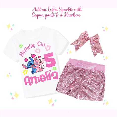 Personalized Pink Stitch And Angel Birthday Outfit Sequin Bellbottoms