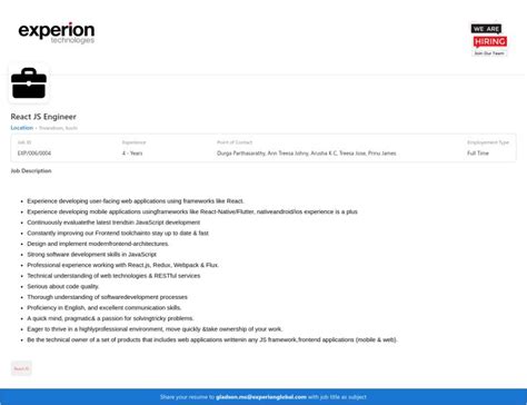 📢 Hiring Alert React Js Engineer 📢 Sridhar Raj P