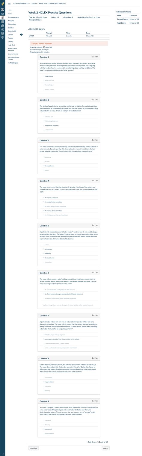 Week 2 Nclex Practice Questions 445 2024 3 Bsn445 19 Quizzes Week 2 Nclex Prac Ce Ques Ons