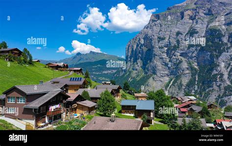 The Village Of Gimmelwald In The Swiss Alps Aerial View Aerial
