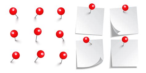 흰색 배경에 격리된 현실적인 빈 스티커 메모 빨간색 둥근 푸시 핀이 있는 흰색 메모지 종이 알림 및 바늘이 있는 플라스틱 압정 보드 압정 벡터 그림 0명에 대한 스톡 벡터