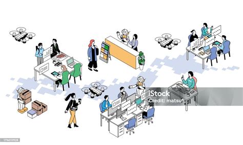 아이소메트릭 컴포지션 Ai 로봇과 일본에서 일하는 사람들의 일러스트레이션 사무실에 대한 스톡 벡터 아트 및 기타 이미지 사무실 비즈니스 등측투영법 Istock
