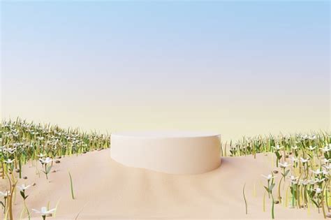 추상 자연의 파스텔 꽃 잎 나무 식물과 연단 스탠드 플랫폼 초현실적 인 사막 자연 풍경 배경입니다 최소한의 디자인으로 오아시스 땅이 있는 사막의 장면 3d 렌더링 0명에