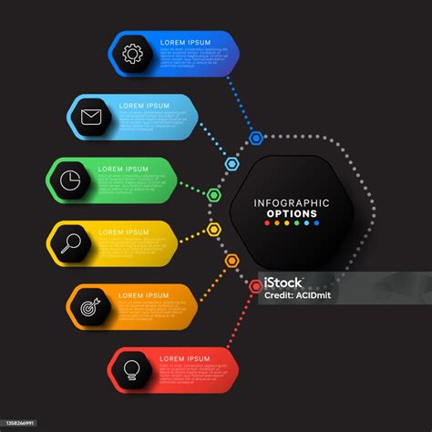 검은 색 배경에 6 개의 육각형 요소가있는 인포 그래픽 템플릿 얇은 라인 마케팅 아이콘으로 현대적인 비즈니스 프로세스 시각화 벡터 일러스트는 쉽게 편집하고 사용자 정의 할