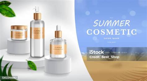 선스크린 크림과 스프레이 광고 해변과 바다에서 화장품 튜브와 현실적인 병 브랜딩 및 패키징 디자인 템플릿 벡터 일러스트레이션 3차원 형태에 대한 스톡 벡터 아트 및 기타