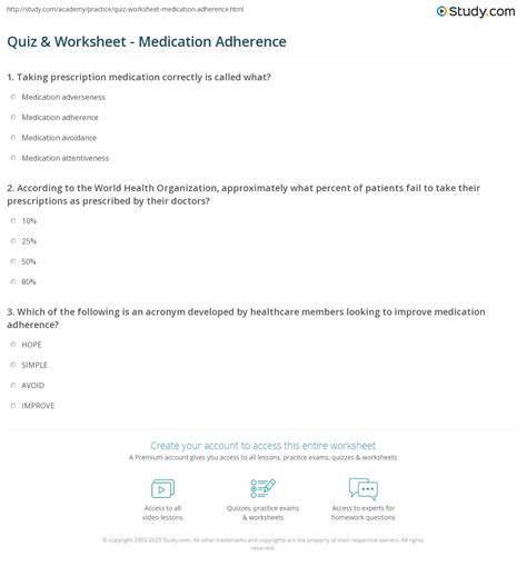 Quiz And Worksheet Medication Adherence