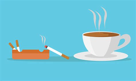 커피 컵과 연기 담배로 가득 찬 재떨이 건강에 해로운 라이프 스타일 플랫 스타일의 벡터 그림 벡터 갈색에 대한 스톡 벡터 아트