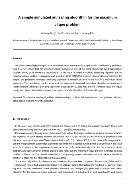 Pdf A Simple Simulated Annealing Algorithm For The Maximum Clique Problem