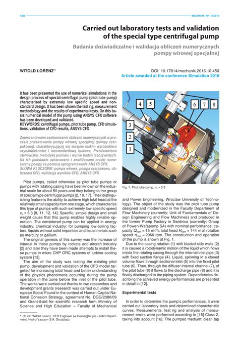 Pdf Carried Out Laboratory Tests And Validation Of The Special Type Centrifugal Pump