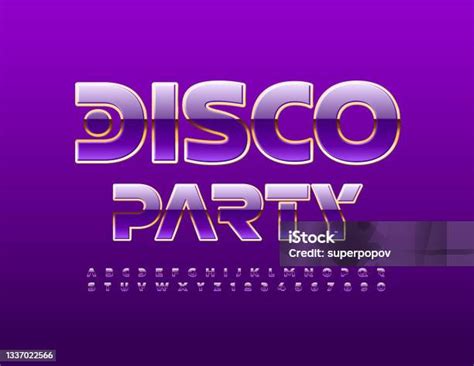 보라색과 골드 알파벳 문자와 숫자 세트 벡터 밝은 포스터 디스코 파티 나이트클럽에 대한 스톡 벡터 아트 및 기타 이미지